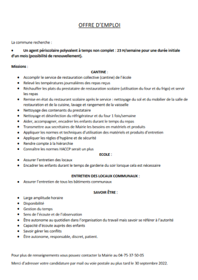 Offre d’emploi – agent périscolaire polyvalent – Mairie de Saint-Andéol-de-Vals